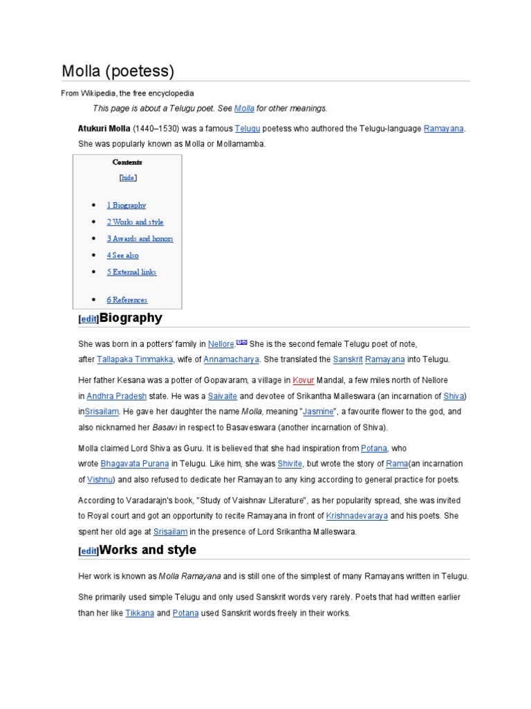 Atukuri Molla: Telugu Poetess Biography | PDF | Indian Religions ...