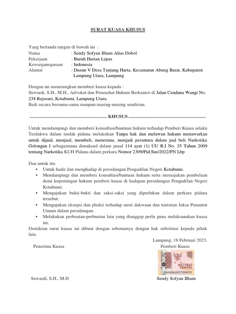 Surat Kuasa Khusus Narkotika | PDF Surat Kuasa Khusus Narkotika | PDF