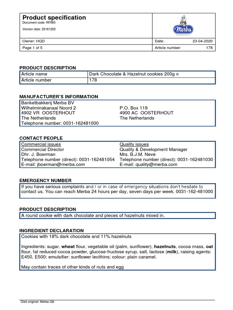 178 Product Specification Dark Chocolate and Hazelnut Cookies 200g 23 ...