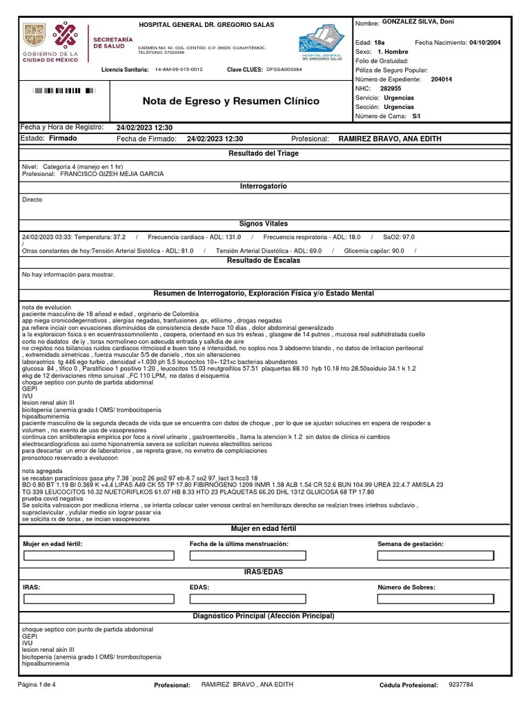 Nota de Egreso y Resumen Clínico - 1677448807566 | PDF | Medicina ...