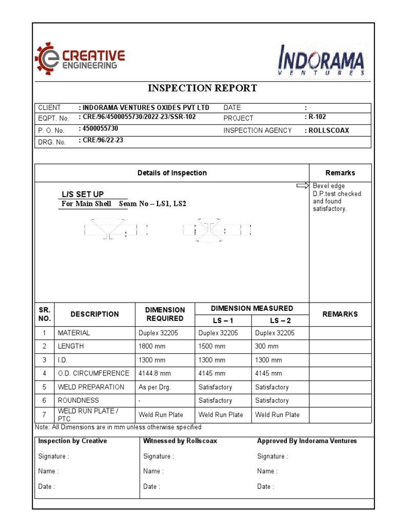 Inspection Report: L/S Set Up For Main Shell Seam No - LS1, LS2 | PDF