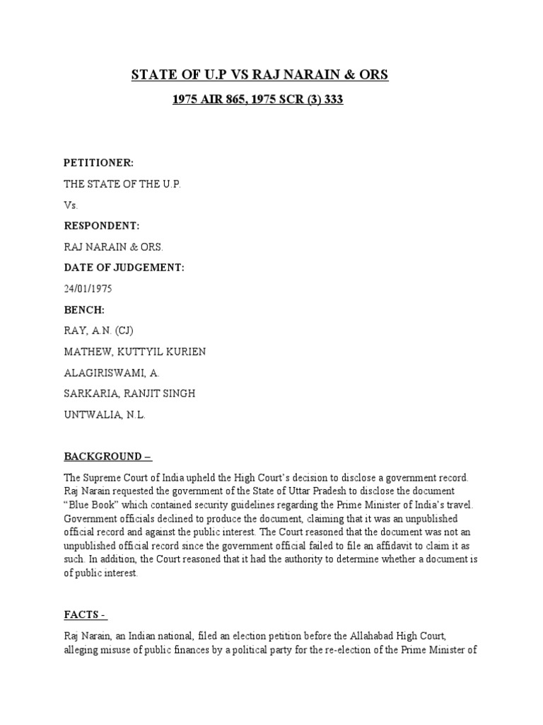 State of U.P Vs Raj Narain & Ors | PDF | Discovery (Law) | Non ...
