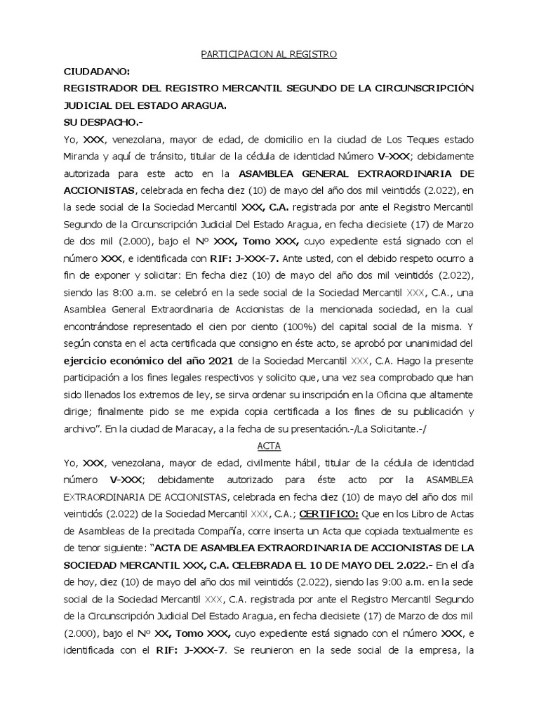 Modelo Acta de Asamblea Aprobando Ejercicio Economico | PDF