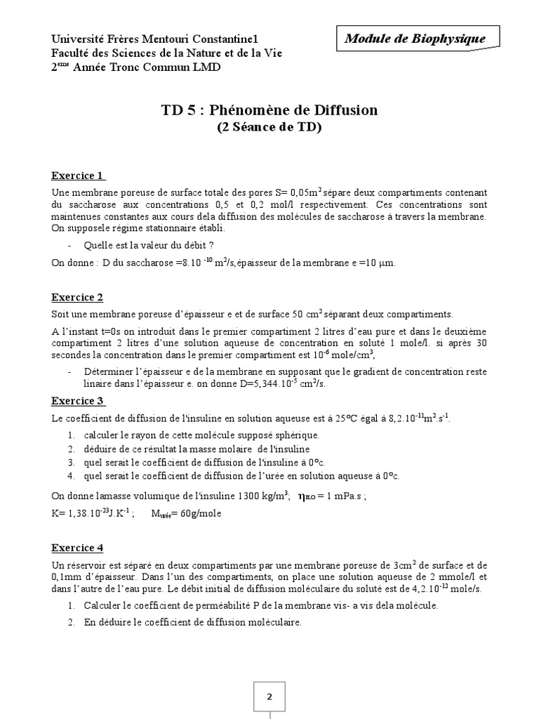 Phénomène de Diffusion en Biophysique | PDF | La diffusion | Membrane ...
