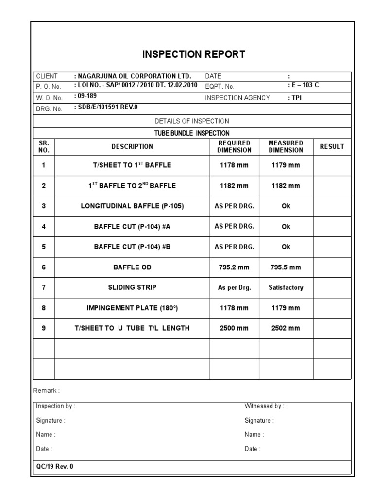 Tube Bundle Skeleton Inspection Report | PDF