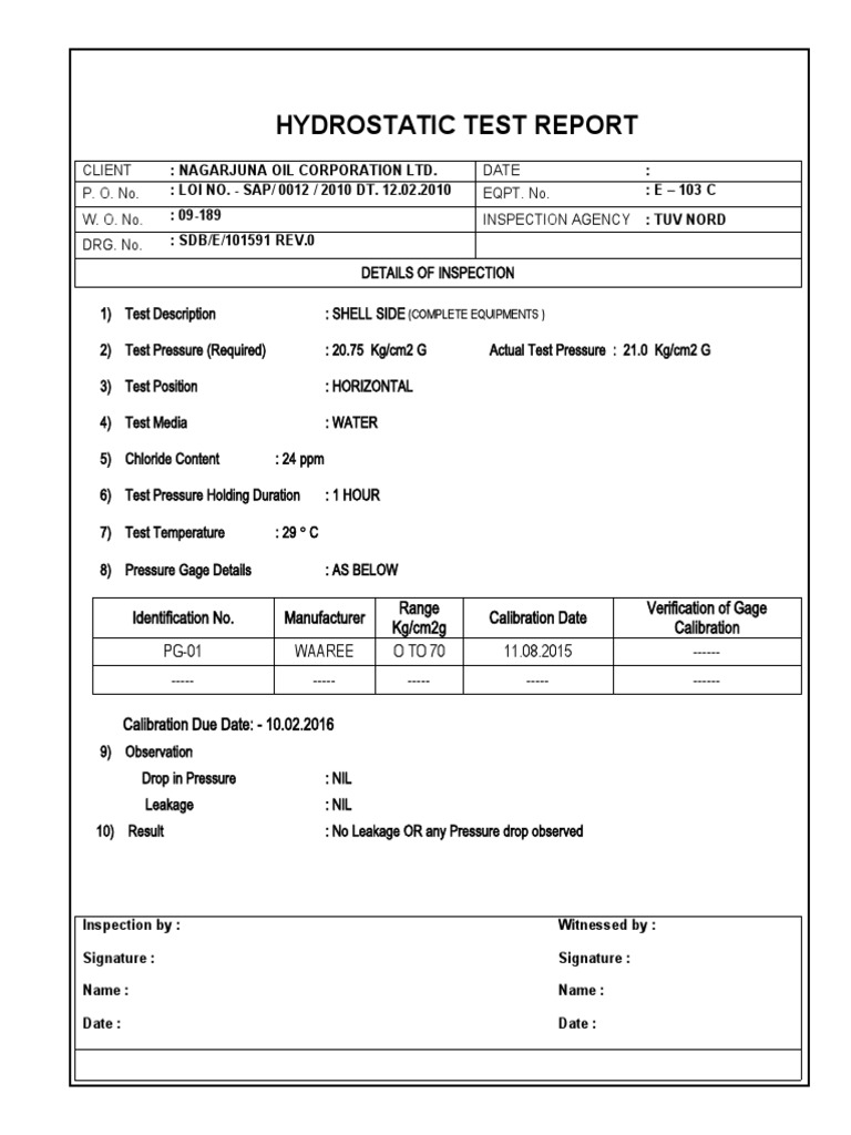 QC-18 REV. 0 - Hydrostatic Test Report | PDF