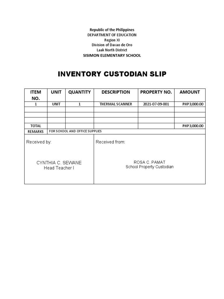 Inventory Custodian Slip for Schools | PDF