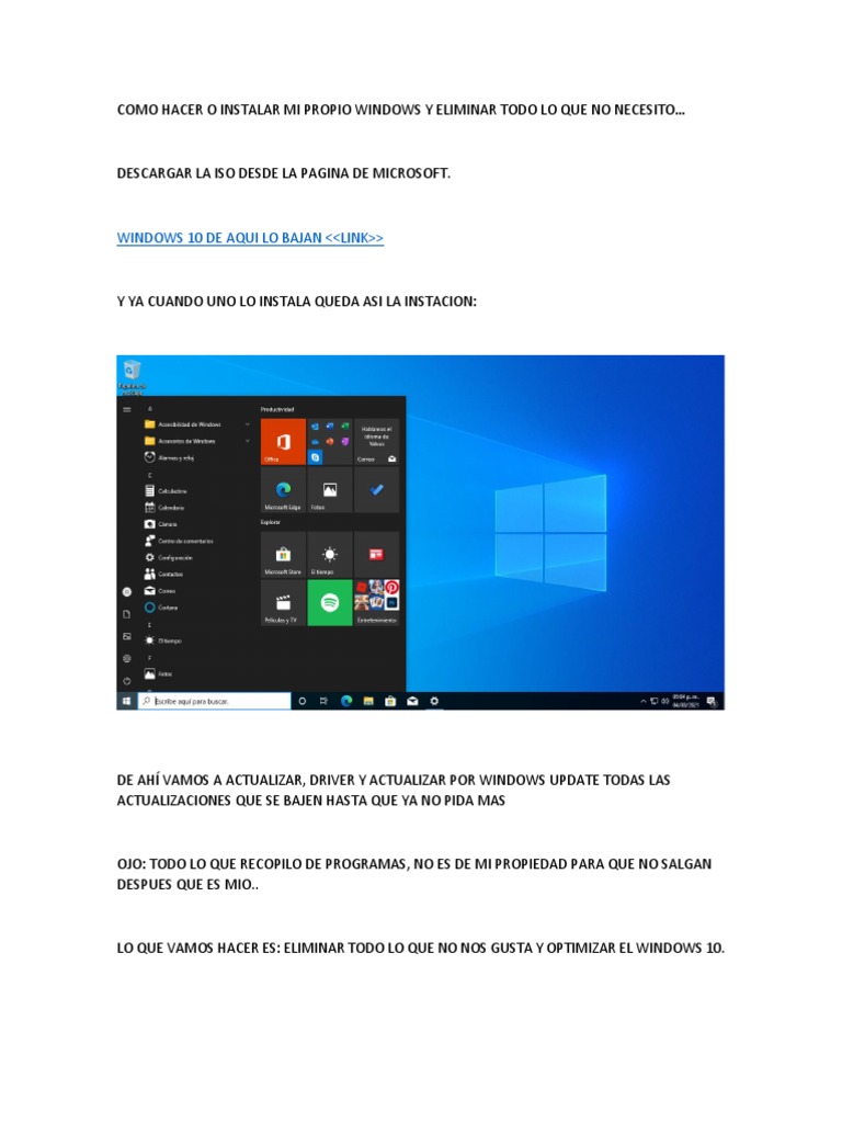 Como Hacer o Instalar Mi Propio Windows y Eliminar Todo Lo Que No Necesito | PDF | Windows 10 ...