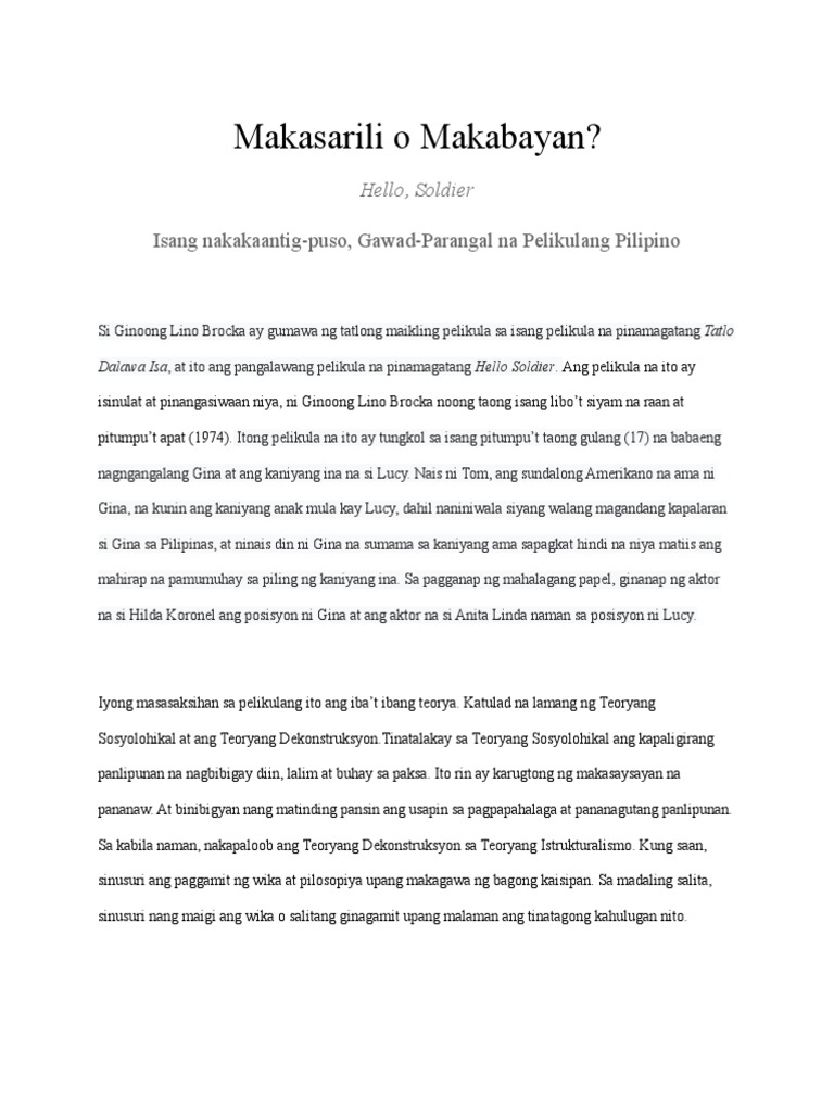 Makabayan o Makasarili - Repleksyon Sa Pelikulang Pinanood | PDF