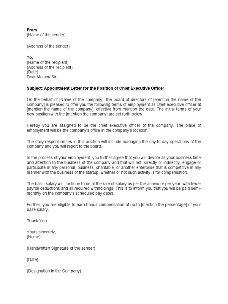 CEO Appointment Letter Template - 1 | PDF