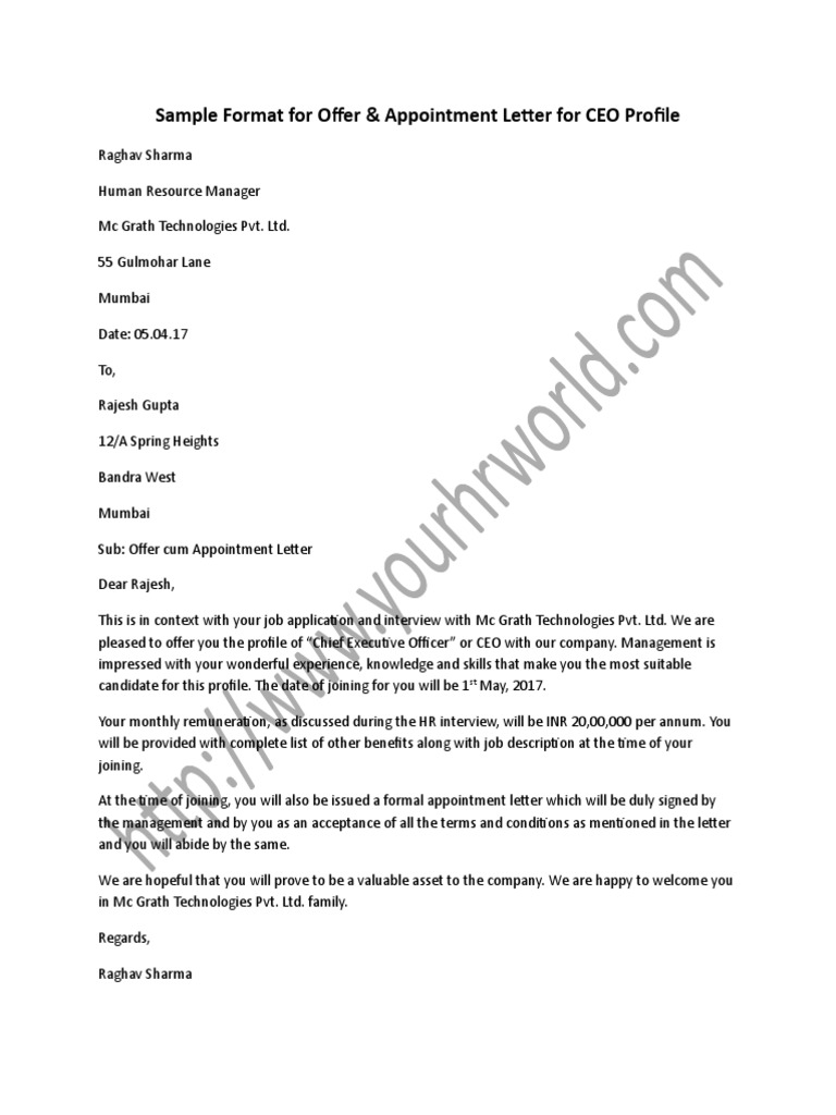Offer Appointment Letter Format For CEO | PDF | Identity Document | Government And Personhood