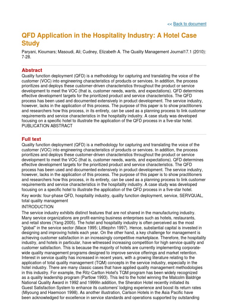 QFD Application in The Hospitality Industry - A Hotel Case Study | PDF ...