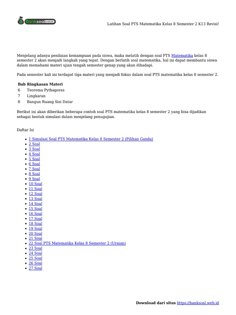 Latihan Soal PTS Matematika Kelas 8 Semester 2 K13 Revisi! | PDF | Metode & Bahan Ajar