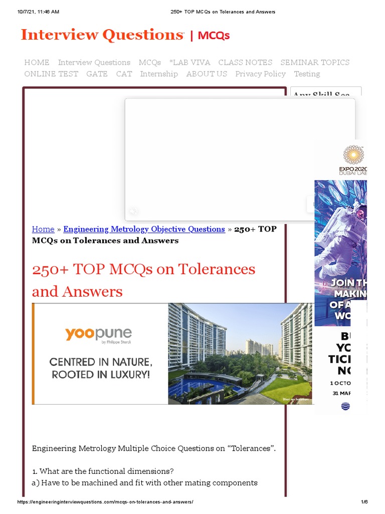 250+ TOP MCQs On Tolerances and Answers | PDF | Engineering Tolerance | Multiple Choice