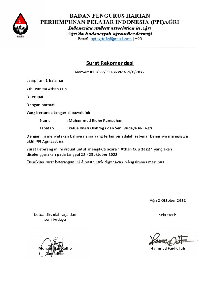 Surat Rekomendasi Lomba Athan Cup | PDF