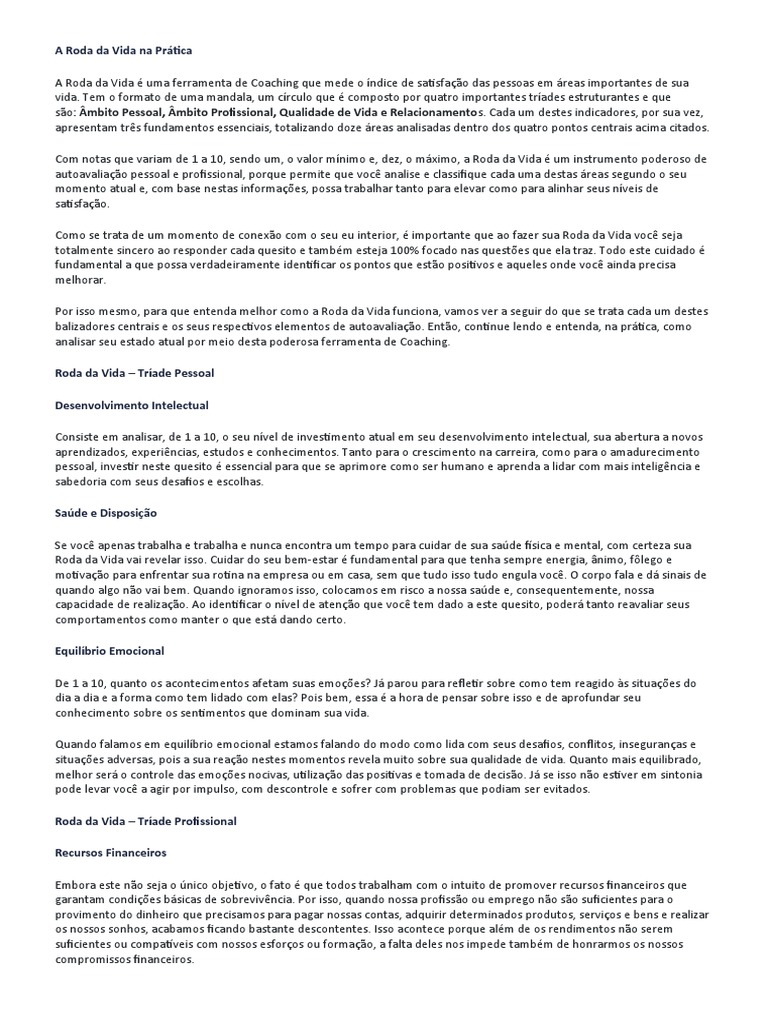 Roda da Vida: Autoavaliação Prática | PDF | Família | Vida