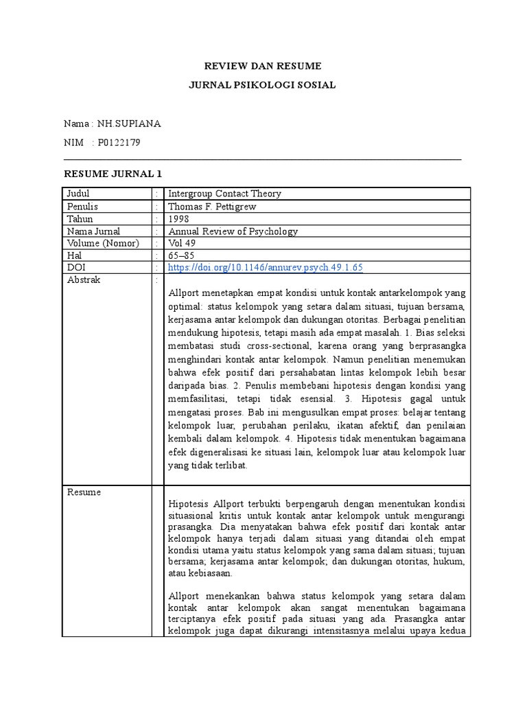 Resume - Jurnal Psikologi Sosial - NH - SUPIANA | PDF