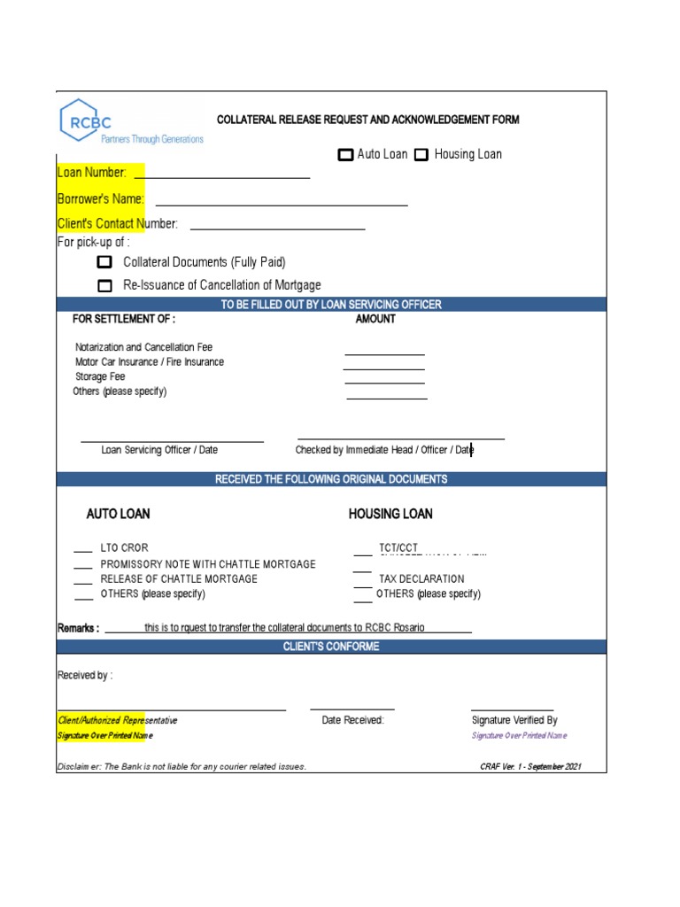 Collateral Release Request and Acknowledgement Form | PDF
