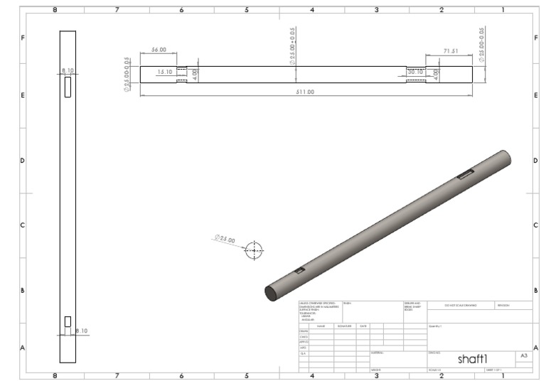 Technical Drawing of a Shaft with Dimensions, Tolerances and Notes | PDF