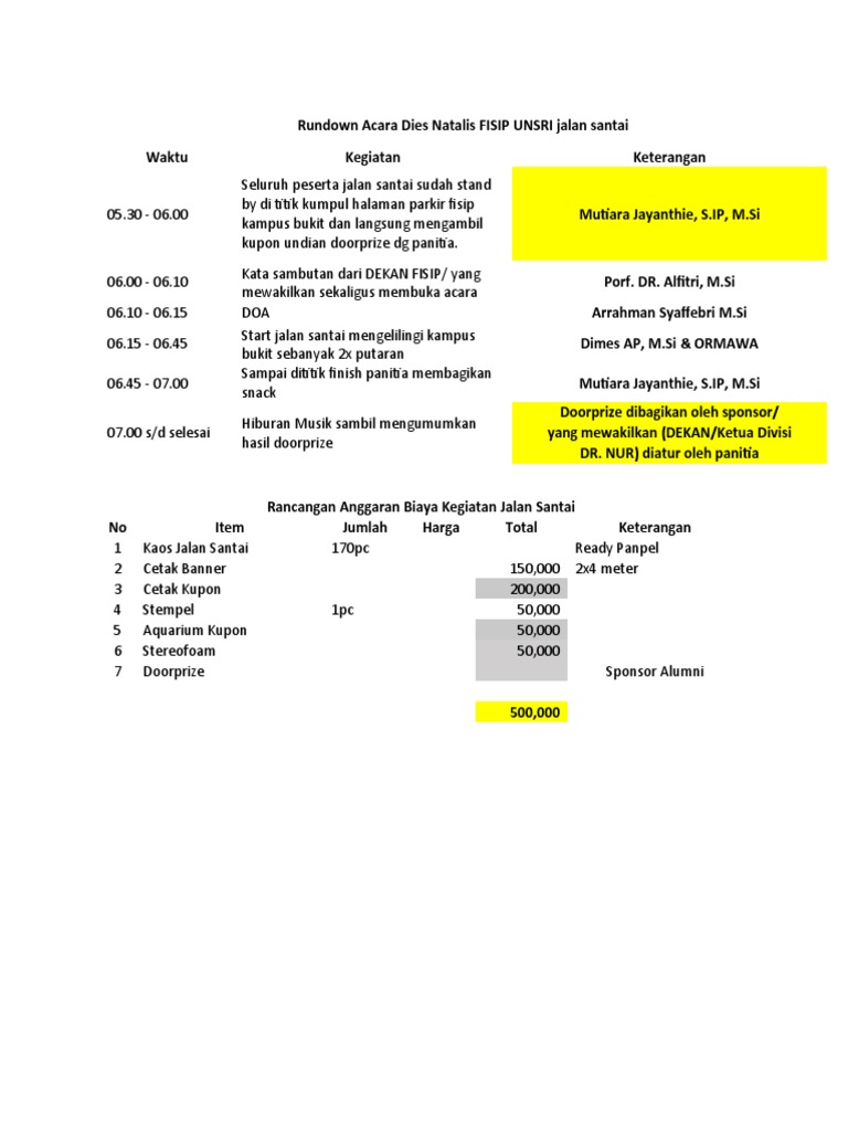 Rundown Acara Dies Natalis FISIP UNSRI Jalan Santai | PDF