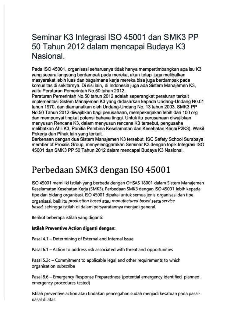 PDF Perbedaan smk3 Dengan Iso 45001 DL | PDF