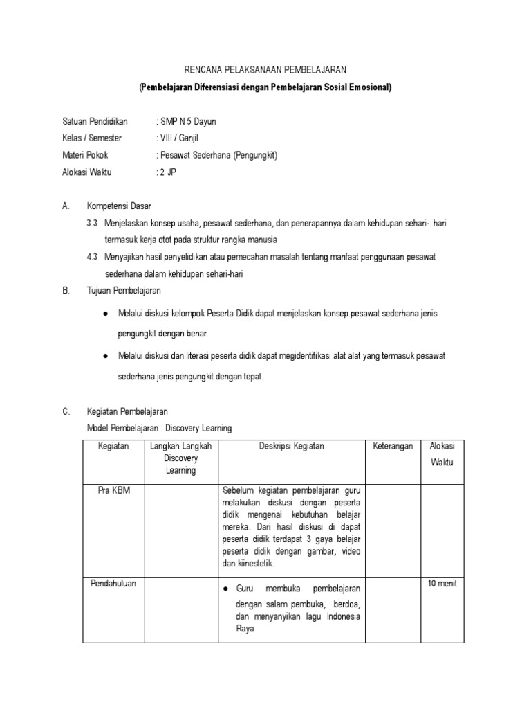 RPP Ipa Pesawat Sederhana Kelas 8 | PDF