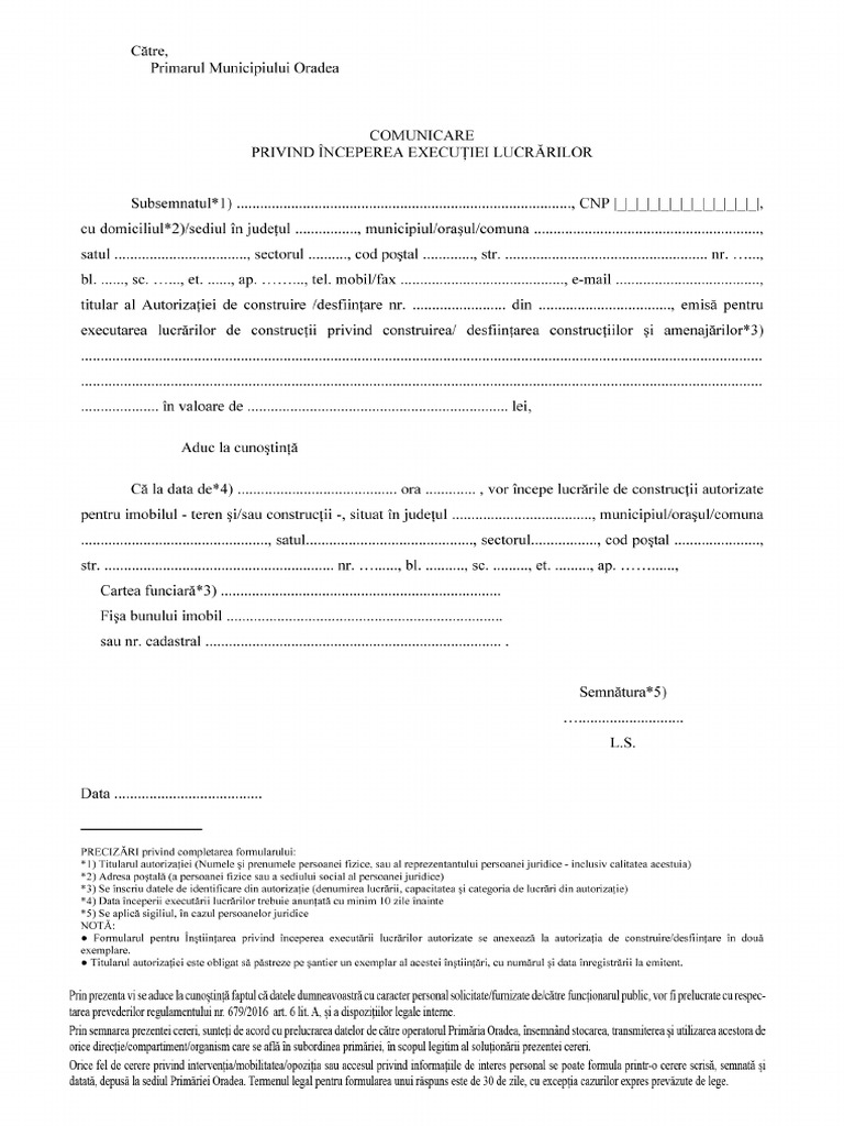 Instiintare Incepere Lucrari Pmo | PDF