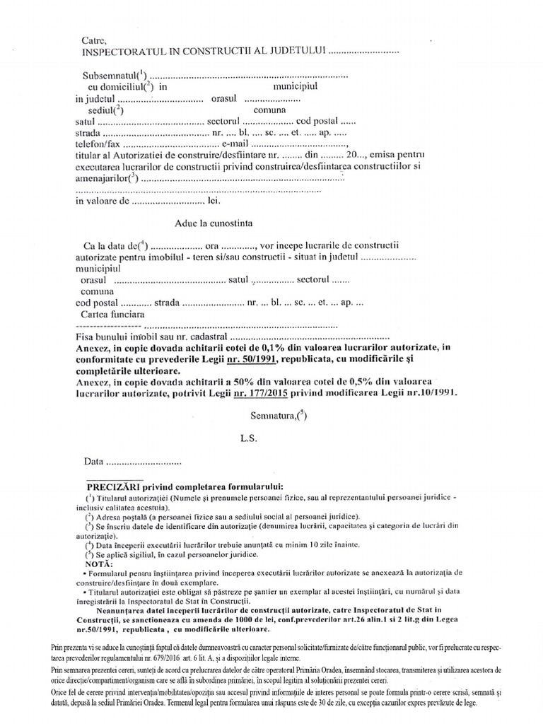 Instiintare Incepere Lucrari Isc | PDF