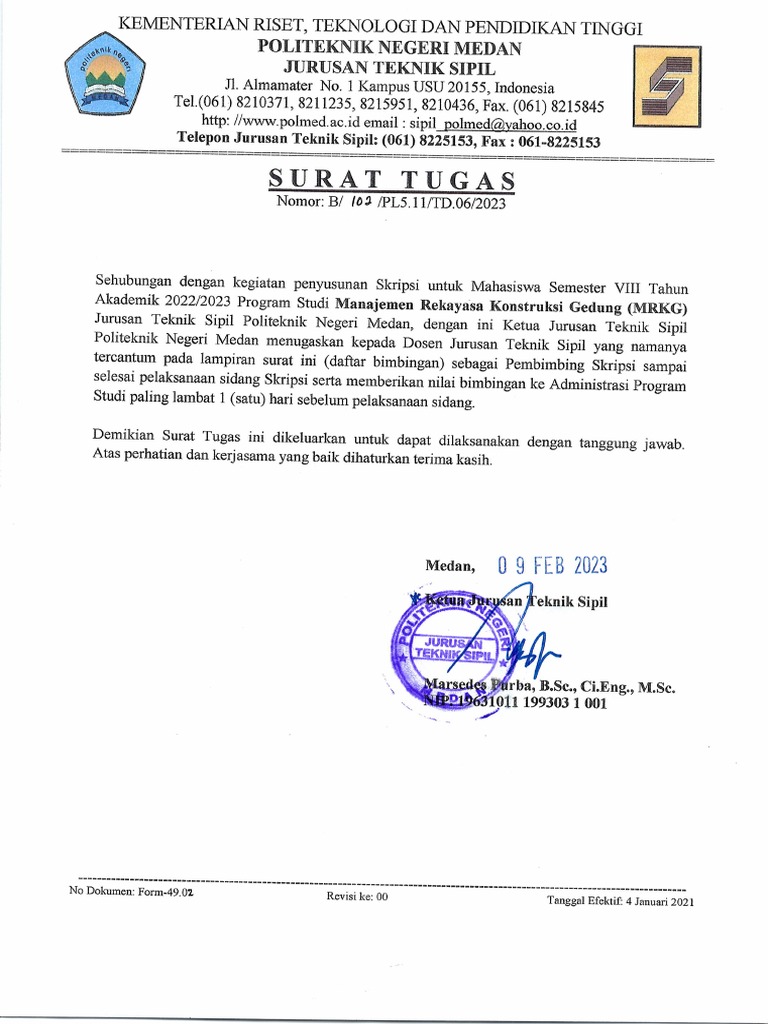 Surat Tugas Membimbing Skripsi Mahasiswa Sem. VIII Prodi MRKG T. A. 2022-2023 | PDF