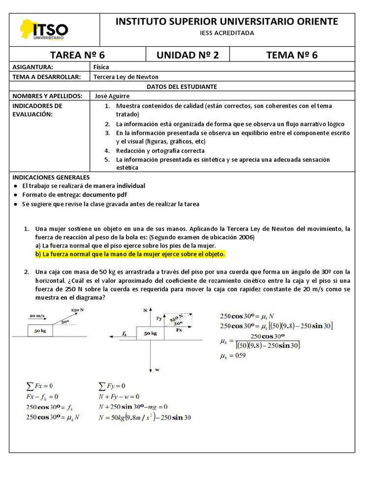 FÍSICA. - TAREA. - TEMA - 6 - Jose Aguirre W | PDF | Fuerza | Fricción