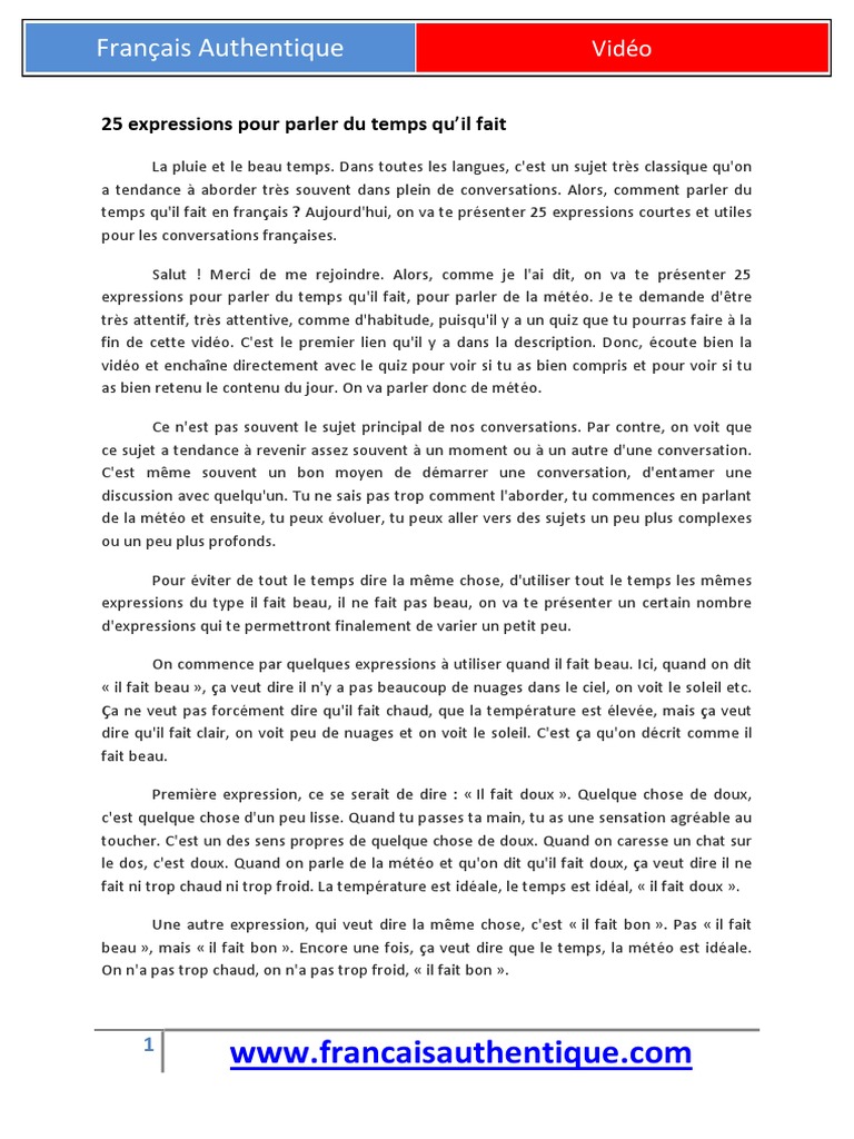 Expressions Pour Parler Du Temps Qu'il Fait | PDF | Pluie | Température