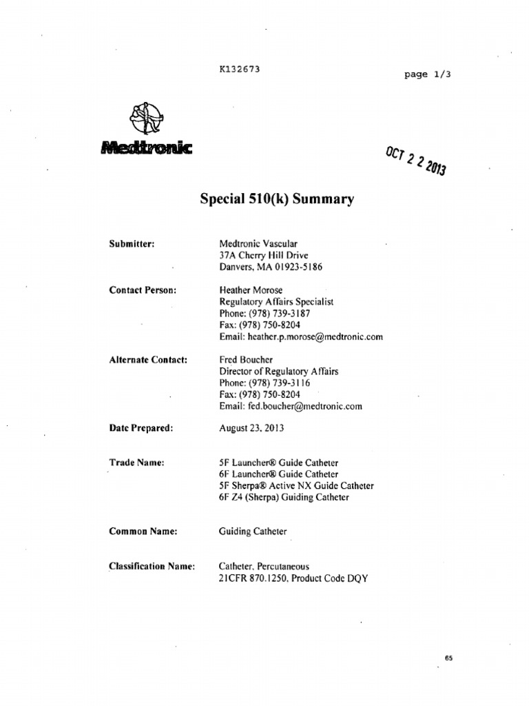 Special 510 (K) Summary: Medtronic Vascular | PDF | Federal Food | Medicine