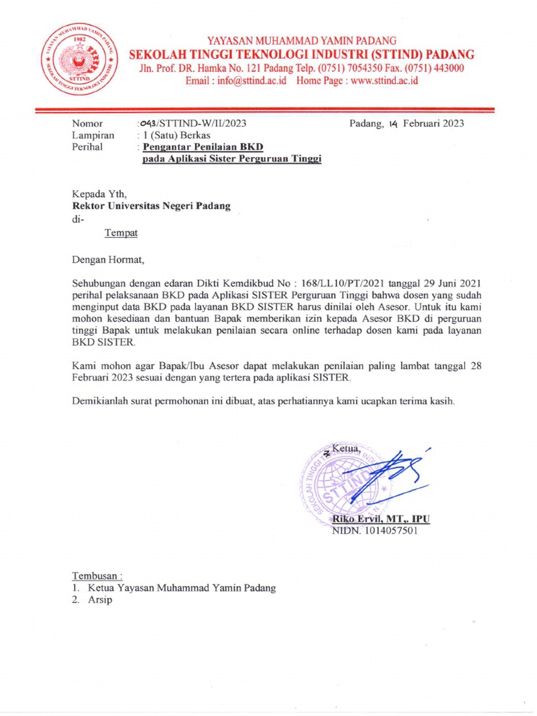 Surat Pengantar Penilaian BKD UNP | PDF