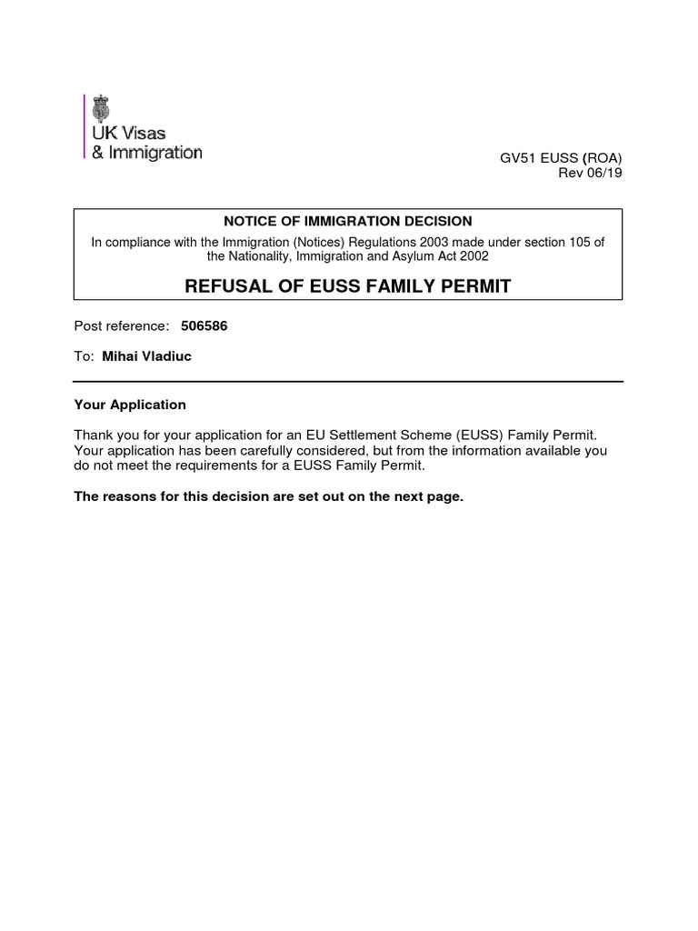 EUSS Family Permit Refusal Notice | PDF | International Law | Human ...