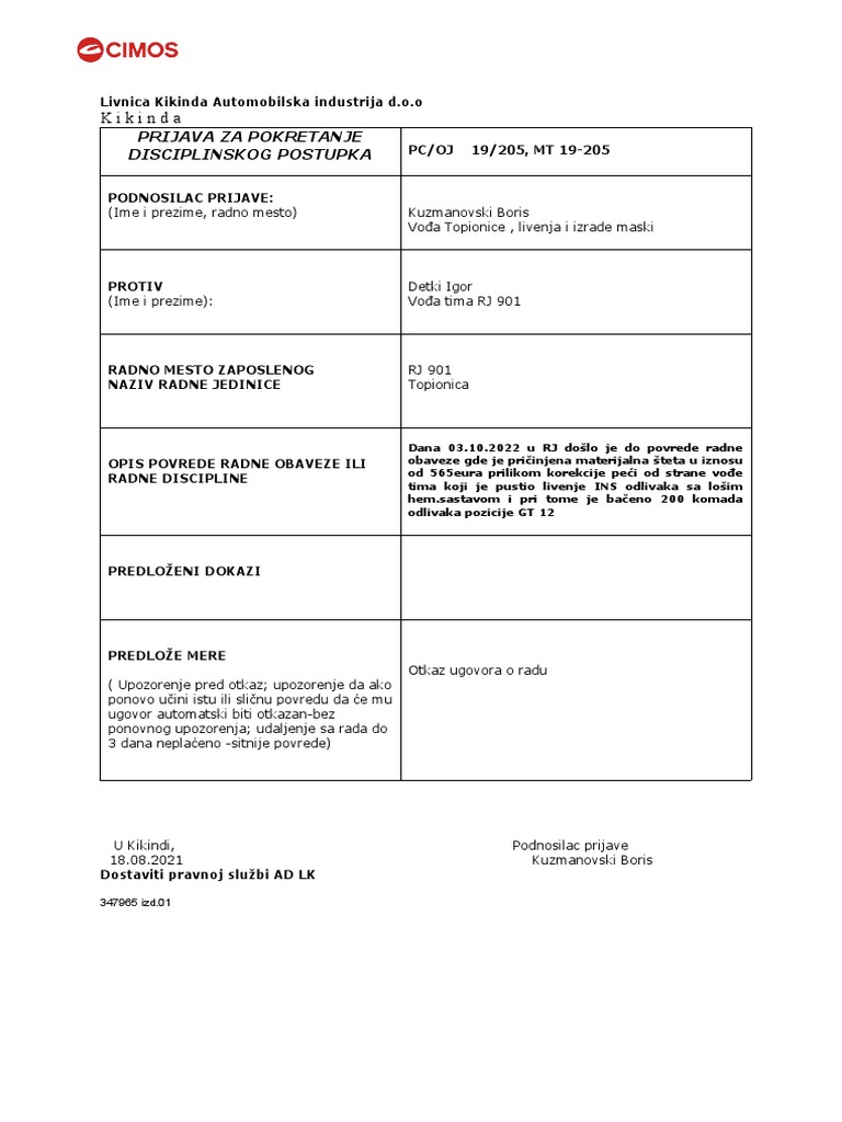 Prijava Za Pokretanje Disciplinskog Postupaka Čvorkov Nikola Junior | PDF