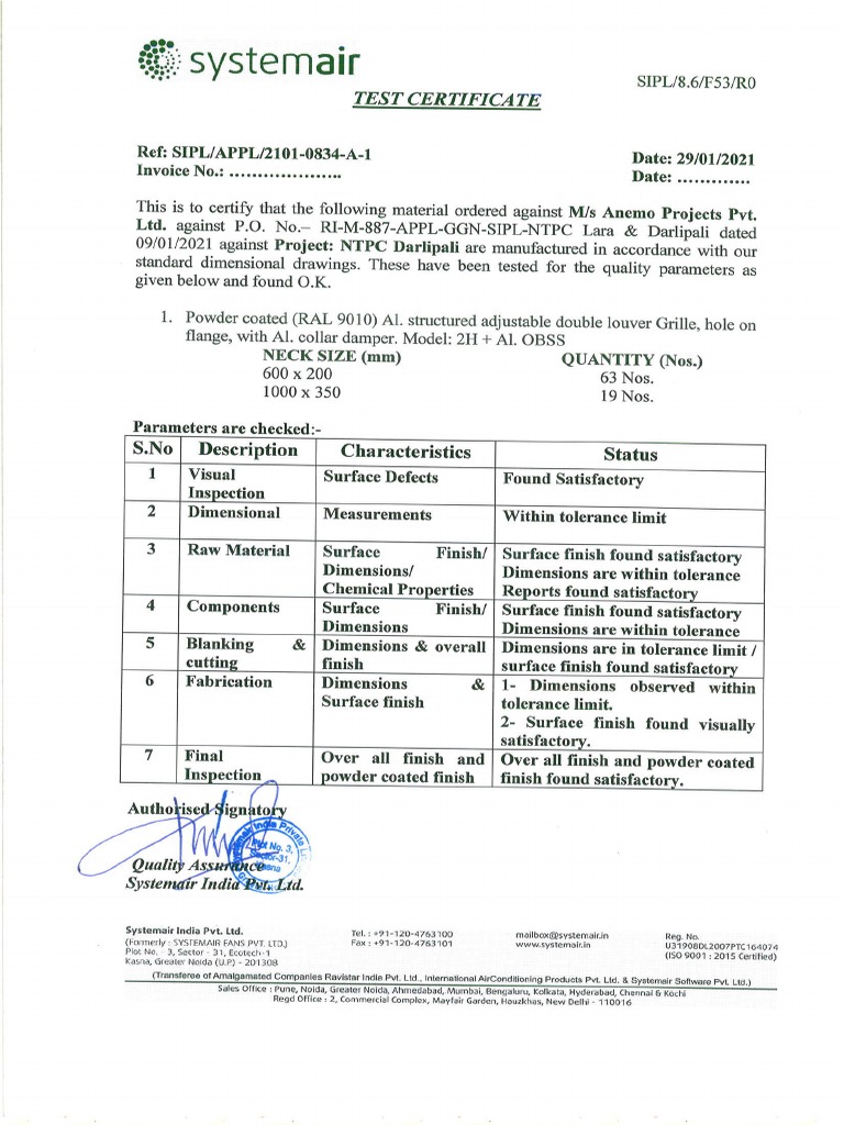 Test Certificates of Grilles, Diffusers, VCD, MVCD, Louvers, NRD & PRD ...