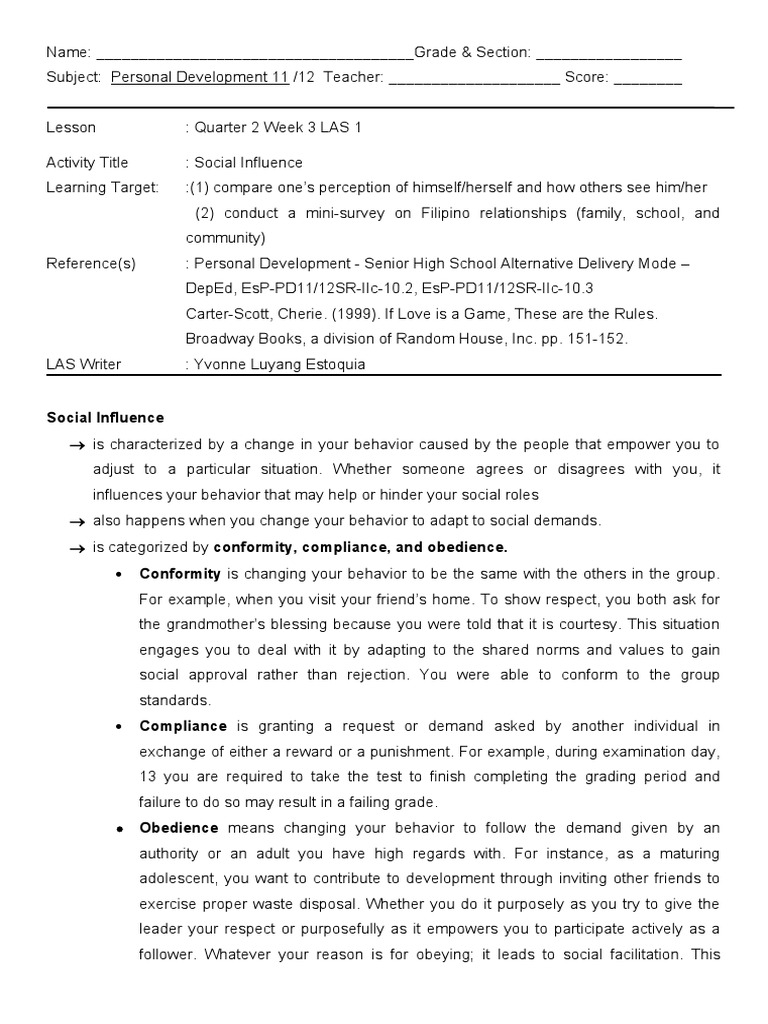 Perdev Q2 Week 3 Las 1 | PDF | Conformity | Obedience (Human Behavior)