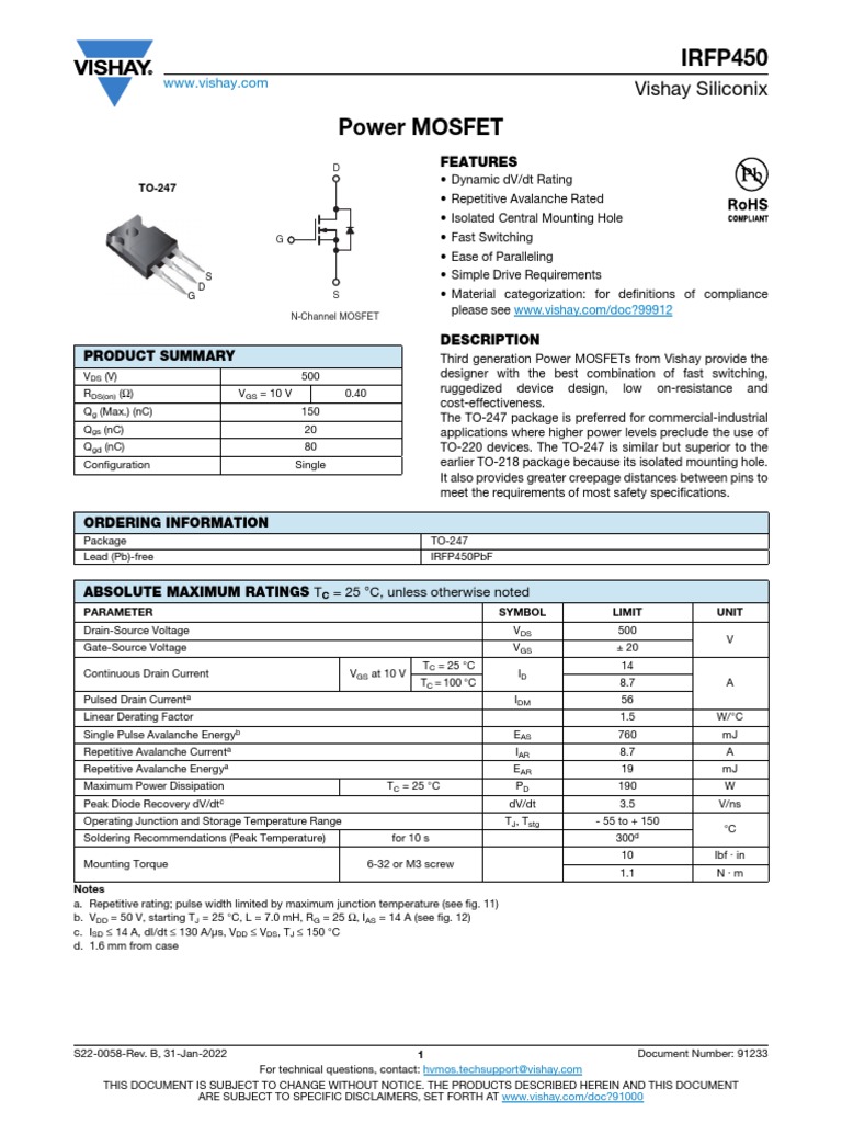IRFP450: Vishay Siliconix | PDF | Diode | Mosfet