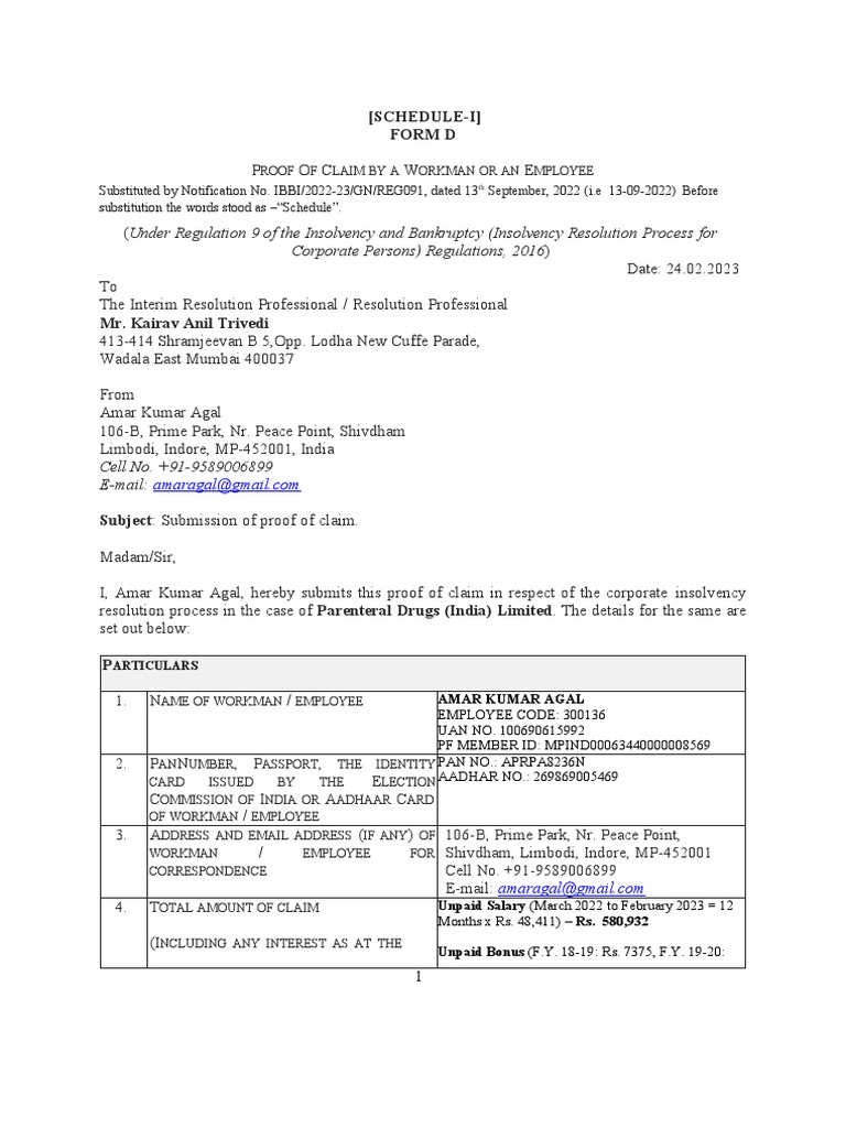 Form D - Workman & Employee | PDF | Bankruptcy | Creditor