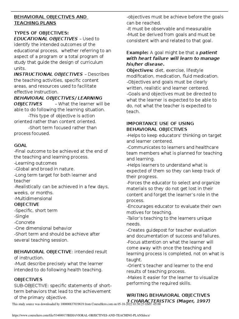 Behavioral Objectives and Teaching Plans | Download Free PDF | Learning ...
