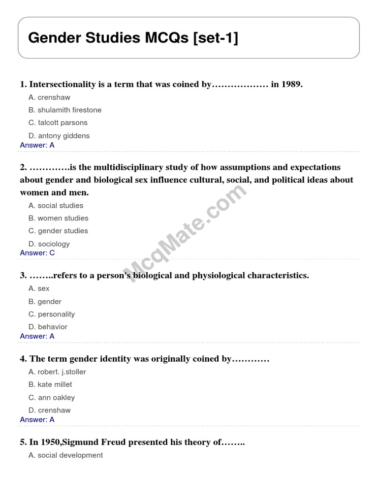 Gender Studies MCQs [set-1]: Answers and Explanations for a Set of ...