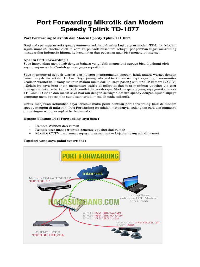 Port Forwarding Mikrotik Dan Modem Speedy Tplink TD-1877 | PDF