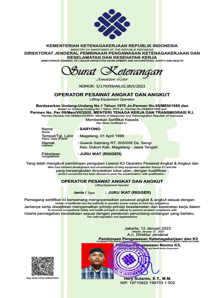 Sertifikat Juru Ikat Rigger K3 2023 | PDF
