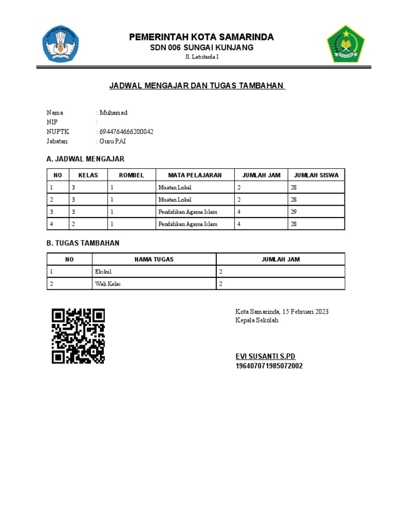 Jadwal Mengajar Dan Tugas Tambahan | PDF