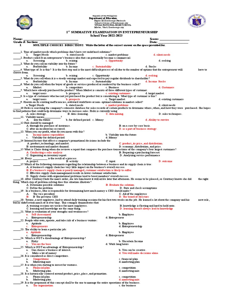 Entrep Summative Ready q1 With Answers | PDF | Entrepreneurship | Sales