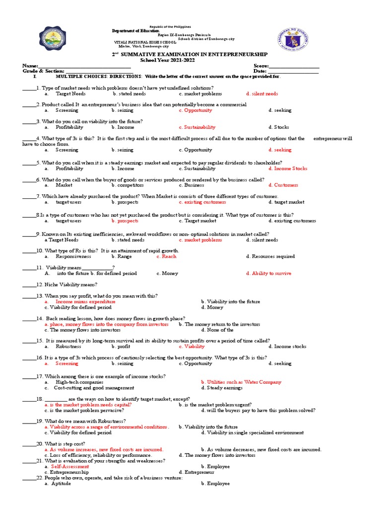 Quarter 1 Summative Entrep | PDF | Entrepreneurship | Market (Economics)