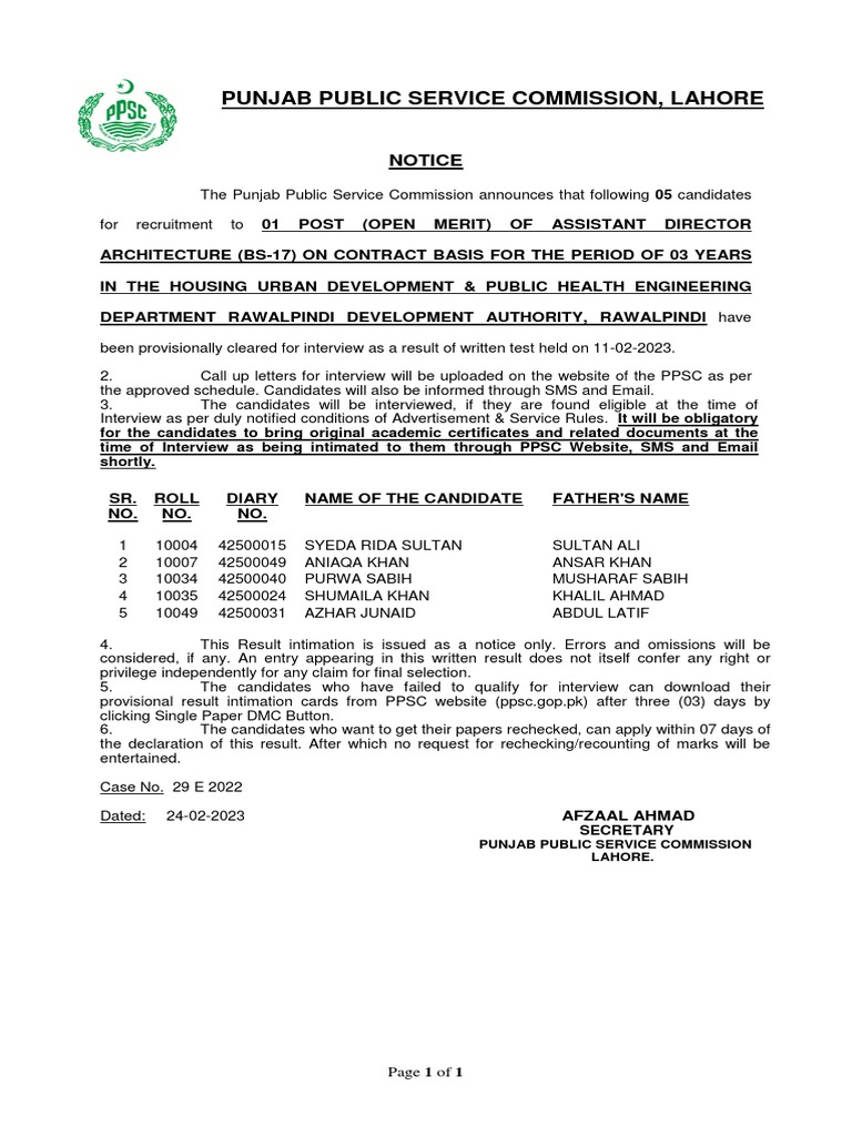 PPSC Assistant Director Architecture Interview Notice | PDF | Government