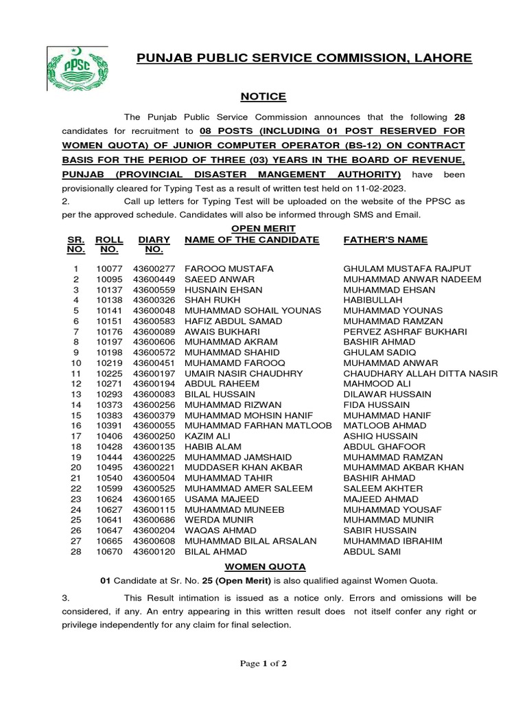 Provisional Selection of 28 Candidates for Junior Computer Operator ...
