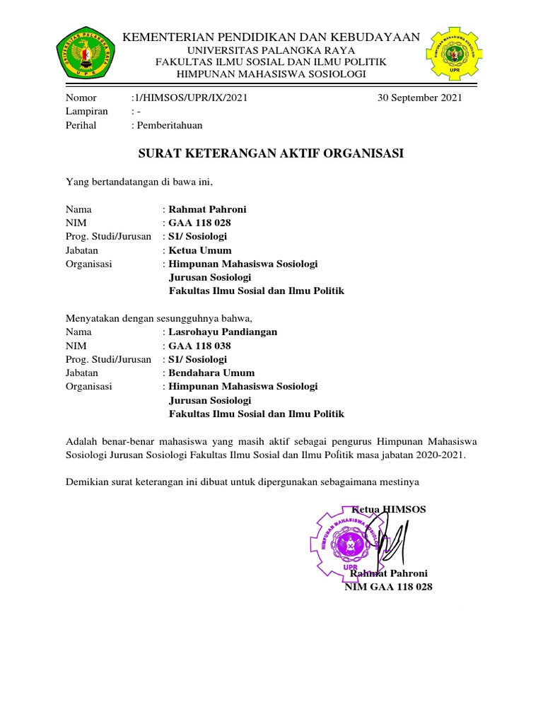 Surat Keterangan Aktif Organisasi | PDF