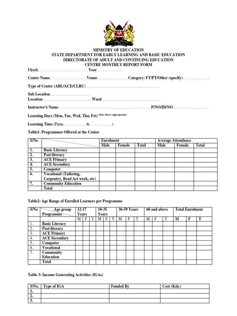 Cenre Monthly Report Form | PDF